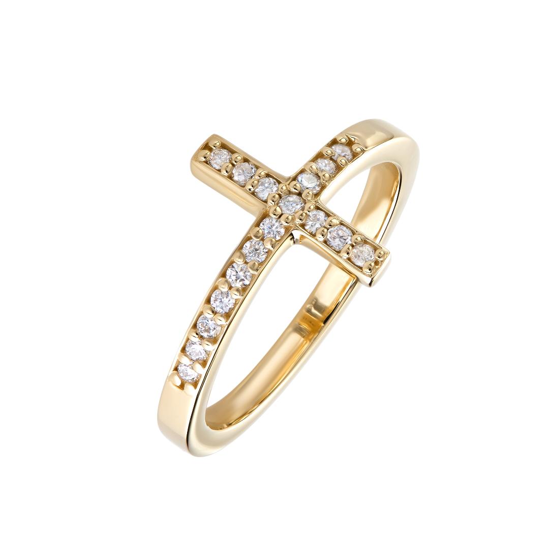 14K Yellow Gold Diamond Cross Ring - Classic Elegance